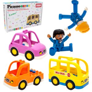 picassotiles magnetic figures 5 piece vehicle and action figure set including school bus, car, truck and 2 drivers magnet expansion pack toddler toy kit pretend playset for construction building block