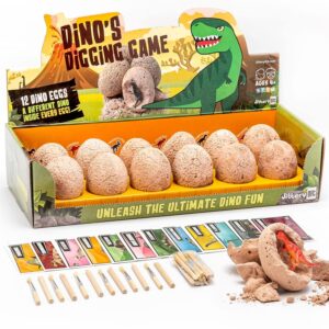 dino eggs dig kit, dinosaur eggs for kids 3-5, perfect for dinosaur birthday party supplies and dinosaur party games - 12 dino eggs excavation set for kids by jitterygit