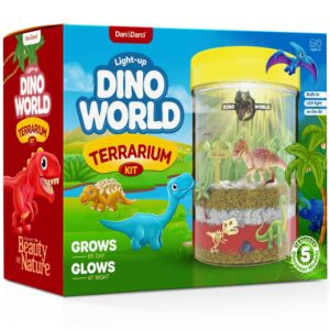 dino world terrarium kit for kids - led light in lid dinosaur easter toys for boys &, girls age 3, 4, 5, 6, 7, 8+ year old boy gifts - dinosaur garden + toy dinosaurs - stem science gardening kits