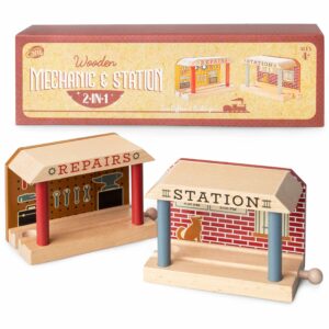 wooden train track mechanic & station service building - conductor carl 2-in-1 mechanic service & train station for customizing wooden train track sets