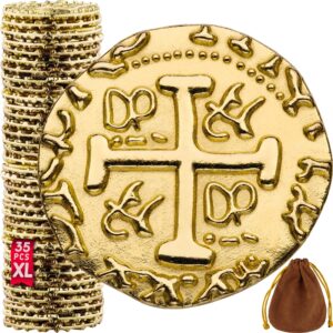 leib games premium metal pirate coins -35 x large pirate gold coins for kids, fake gold coins, dnd coins, metal coins, fantasy coins, tokens - diameter: 1.18"