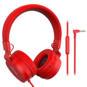 puro sound labs purobasic volume limiting wired headphones for kids, foldable & adjustable headband w/microphone, compatible with smartphones, tablets and pc’s –red