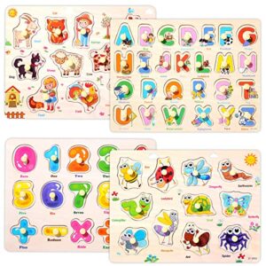 wooden peg puzzles set for toddlers 3 4 years old, alphabet abc, numbers and farm animals learning puzzles board for kids, preschool educational pegged puzzles activity toys gift for boys girls