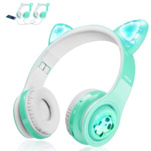 woice kids bluetooth headphones, cat ear led light wireless foldable headphones over ear with mic, music sharing function and 0-85db /110db limited for iphone/ipad/smartphones/laptop/pc(mint)