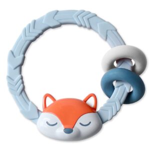 itzy ritzy silicone teether with rattle; rattle teether features rattle sound, two silicone teething rings and raised texture to soothe gums; ages 3 months and up (fox)