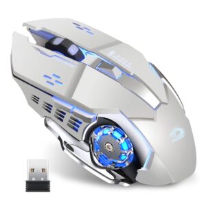 uciefy q85 rechargeable wireless gaming mouse, 2.4g led optical silent wireless computer mouse with 4 led light, 3 adjustable dpi, ergonomic design, auto sleeping (silver)