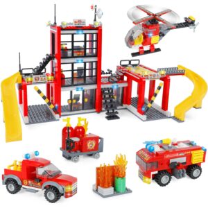 wishalife city fire station toy building set, with 2 fire truck toys, helicopter, pretend play toys gift idea for kids boys girls ages 6 plus