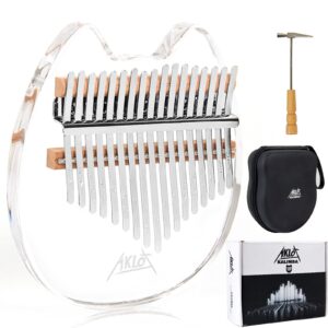 kalimba thumb piano, aklot 17 keys transparent acrylic cat note carved starter finger piano with kalimba case tune hammer study booklet stickers