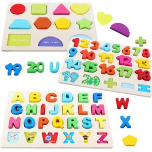 montessori wooden letter shape number puzzle for toddler 3-5, 3 in 1 big numbers shapes alphabet abc toddlers puzzles board, montessori preschool educational kindergarten teaching toy for boys girls