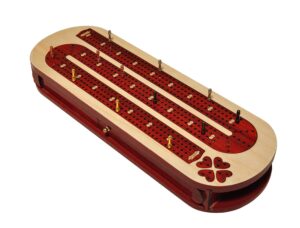 palm royal handicrafts 4 track wooden cribbage board set inlaid in blood wood and maple wood with pegs and cards storage available. 4 player cribbage board (15 x 5 inches)