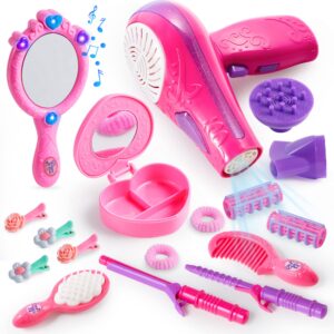 joyin 17pcs girls beauty salon set, pretend play doll hair stylist toy kit with hairdryer, mirror, curling iron and other accessories for kids toddler fashion cutting makeup party favor, birthday gift