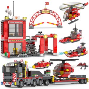 wishalife city fire station toy building set, with fire rescue transport truck toy, helicopter, pretend play toy gift idea for kids boys girls age 6+