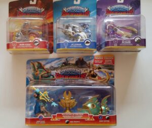 skylanders superchargers 4 pack vehicle starter bundle! 4 vehicles, 1 trophy, 1 character: splatter splasher , burn-cycle , jet stream and deep dive gill grunt, reep ripper sea trophy