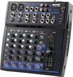 gemini sound gem-08usb - 8-channel bluetooth audio mixer, professional compact dj mixer with usb playback, phantom power, 3-band eq, and adjustable fx