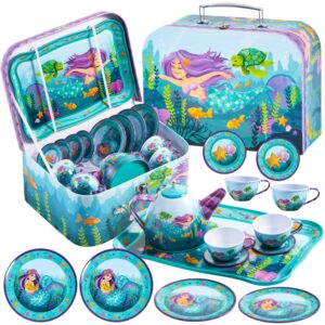 joyin mermaid tea set for toddlers tea party set for children kids pretend role play tin teapot set with cups, plates and carrying case kitchen toy for little girls birthday gifts age 3 4 5 6