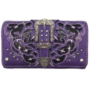 western gleaming buckle floral cowgirl women crossbody wrist trifold wallet (purple)