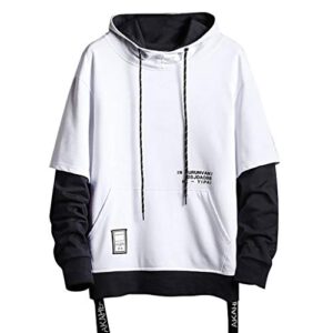 thenlian men's new fashion loose stitching fake two-piece hooded sweater splice top (xxxl, white)