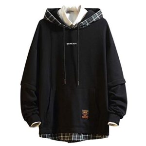 thenlian men's casual fashion plaid patchwork hoodie long sleeves sweatershirt tops(xxxxl, black)