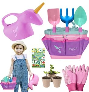 roca home pink kids tools. summer outdoor toys for girls. unicorn gifts for girls. gardening gloves and unicorn watering can- outdoor toys for girls