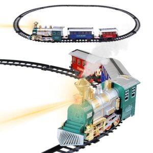 wesprex electric train set for kids w/headlight, realistic sound, battery-operated toy train, 1 locomotive, 2 compartments, 10 railway tracks, gift for boys girls age 4 5 6 7 - classic w/smoke