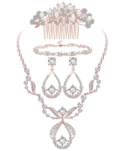 orazio crystal bridal jewelry set for prom wedding bride bridesmaids vintage rhinestone necklace earrings bracelet comb for women,rose gold