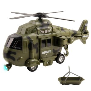 vokodo military helicopter 11" with lights sounds push and go includes rescue basket durable toy friction power kids army soldier chopper pretend play truck great gift for children boys girls toddlers