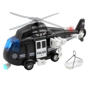 vokodo police helicopter 11" with lights and sounds push and go includes rescue basket durable toy friction kids cop chopper swat airplane pretend play truck great gift for children boys girl toddlers