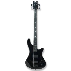 4 string black fretless electric bass, bolt-on maple neck, poplar body