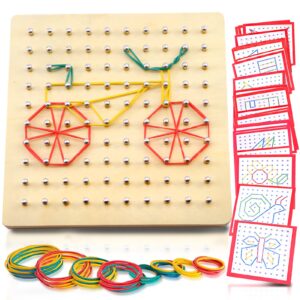 wood geoboard - geo board 10 x 10 graphical educational mathematics material with rubber tie and cards, preschool kids mathematical brain teasers, early learning development diy toy for toddler