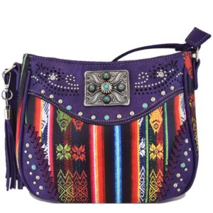 native conchos studded purse women rhinestone crossbody handbags leather tassel country adjustable strap single shoulder bag (purple)