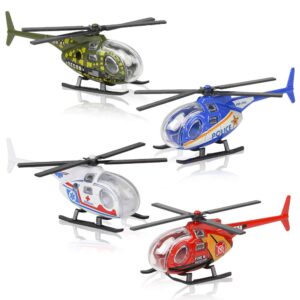 artcreativity diecast helicopters - pack of 4 - police, fire engine, ems, and military diecast toy choppers with spinning propellers, birthday party favors for boys and girls