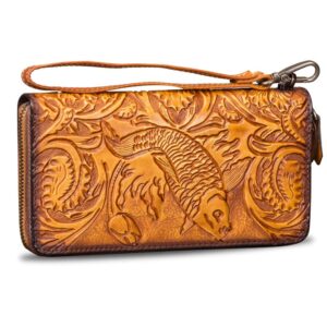 genuine leather wallet women's zip around wristlet long purse vintage embossing cowhide capacity handmade clutch (brown)