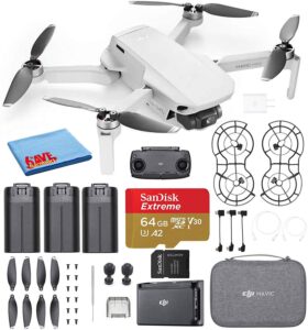 dji mavic mini fly more combo ultralight foldable 3-axis gps quadcopter drone with 2.7k fhd camera - 30 min. flight time, 2.5 mile range, includes 3 batteries, carrying bag and more