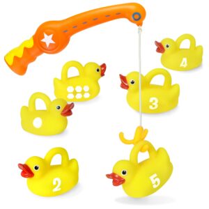 kidzlane bathtub toys fishing game - 1 toy fishing pole and 6 rubber ducks - teaches numbers & shapes - great learning bath toy for babies, toddlers & kids