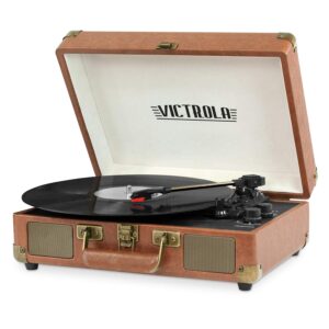 victrola vintage 3-speed dual bluetooth portable suitcase record player with built-in speakers | upgraded audio sound| includes extra stylus | stream vinyl to any bluetooth speaker! retro brown