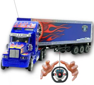 big daddy new & improved remote control heavy duty tractor trailer big rig with real turn the wheel action movements, lights and music