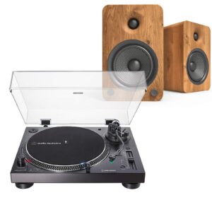 audio technica at-lp120x-usb direct-drive turntable bundle with kanto yu6 powered wireless bluetooth speakers - black, walnut