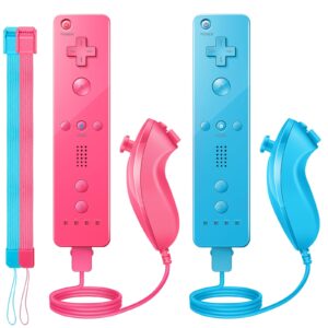 pgyfdal wii controller 2 pack, wii remote controller and nunchuck joystick with silicone case and wrist strap for holiday (pink and blue)