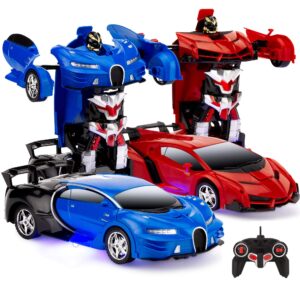 best choice products set of 2 1/18 scale interactive rc remote control transforming drifting robot sports car action figure toys w/ 1 button transformation, light and sounds