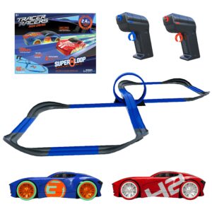 tracer racers remote control cordless glow in the dark high-speed super 8 speedway track set with two cars for dual racing, glow blue