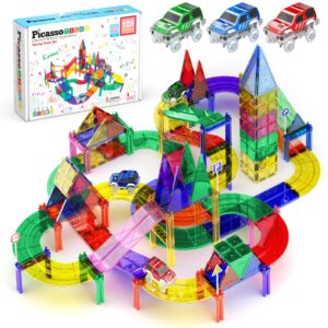 picassotiles 128 piece race car track building block educational toy set magnetic tiles magnet playset 3 led car stem learning construction kit hand-eye fine motor skill training brain development