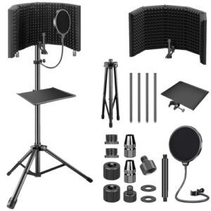 aokeo studio recording microphone isolation shield with pop filter & tripod stand, high density absorbent foam to filter vocal, foldable sound shield for blue yeti and condenser microphones