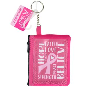 pink ribbon breast cancer neoprene coin purse & wallet wristlet with id holder - believe