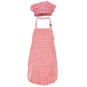 kids chef hat apron set, cute children baby baking gingham aprons with adjustable neck strap and pockets for boys and girls cooking baking painting gardening aprons in 2 sizes (red gingham, small)