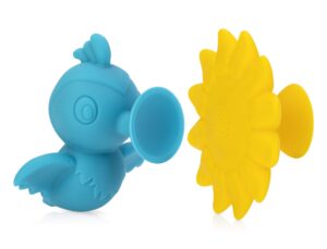 nuby silly hummingbird & flower interactive suction toys with built-in rattle, 2 piece, aqua / yellow