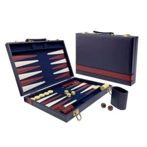 sun flair backgammon sets for adults kids 15 inch, folding classic board game with premium leatherette case, smart tactics, best strategy, tip guide enclosed, blue and burgundy, 136m-4