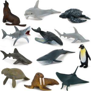 fun gift sea animal toy set,12 pcs animal sea figures ocean toy for kids, realistic set for sea lovers, includes great white shark, dolphin, white shark, whale for age 3+