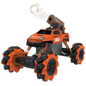 vaiyer rc rechargeable, remote control stunt car for kids w/ 2-in-1 interchangeable toy bubble blaster and water gun tops, rock crawler off road vehicle w/ 360 degree movement (orange)