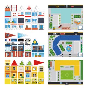 picassotiles 80pc school, hospital, police station 3-in-1 theme magnet self adhesive backing stick-on puzzle graphic kit and overlay maps for magnetic building blocks stem learning construction toy