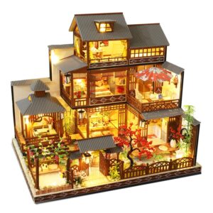 spilay diy dollhouse miniature with wooden furniture,diy dollhouse kit big japanese courtyard model with led & music box,1:24 scale creative room gift idea for adult friend lover (yaquan courtyard)